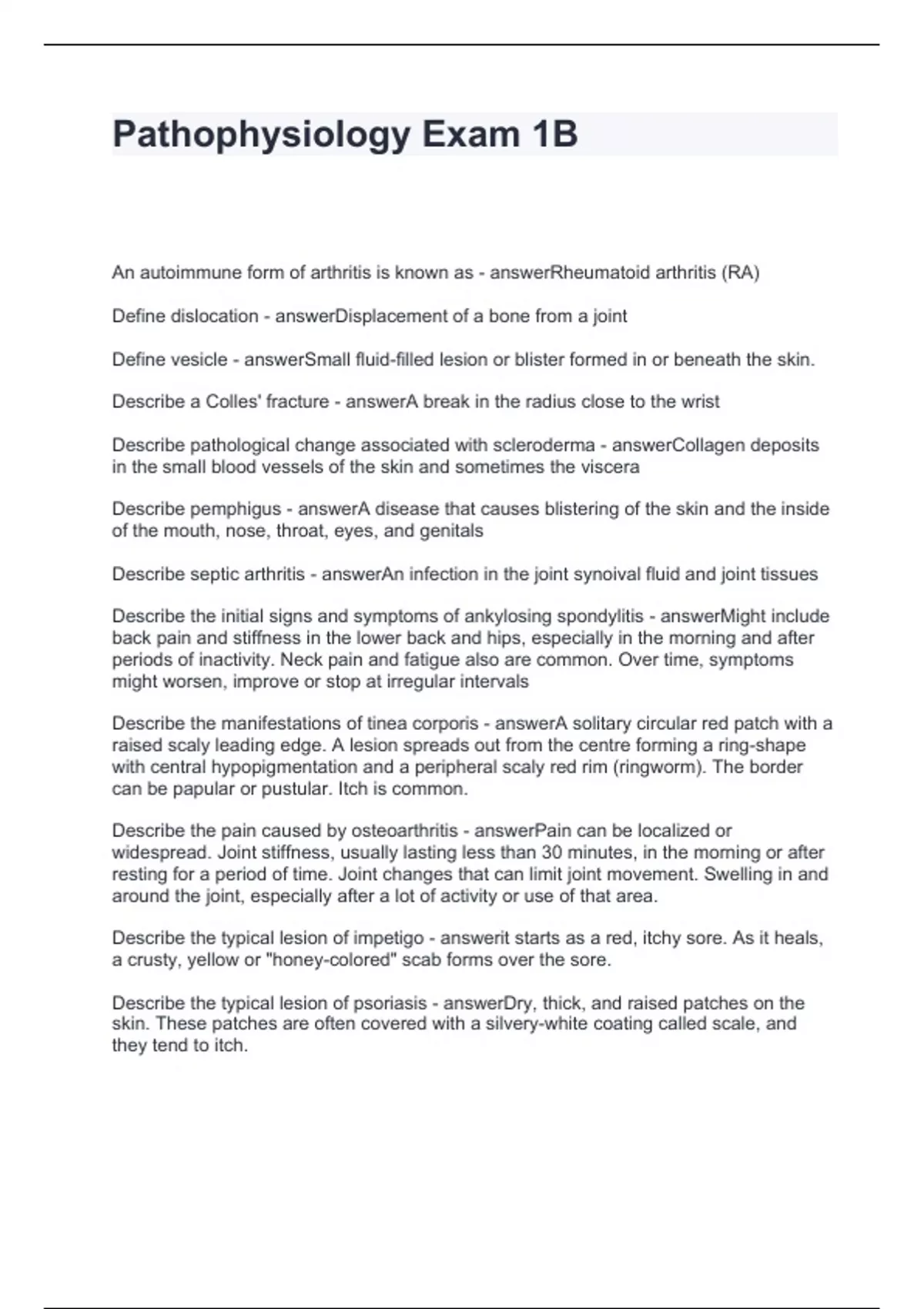 Pathophysiology Exam 1B, Questions and Answers 2024 - Pathophysiology - Stuvia US