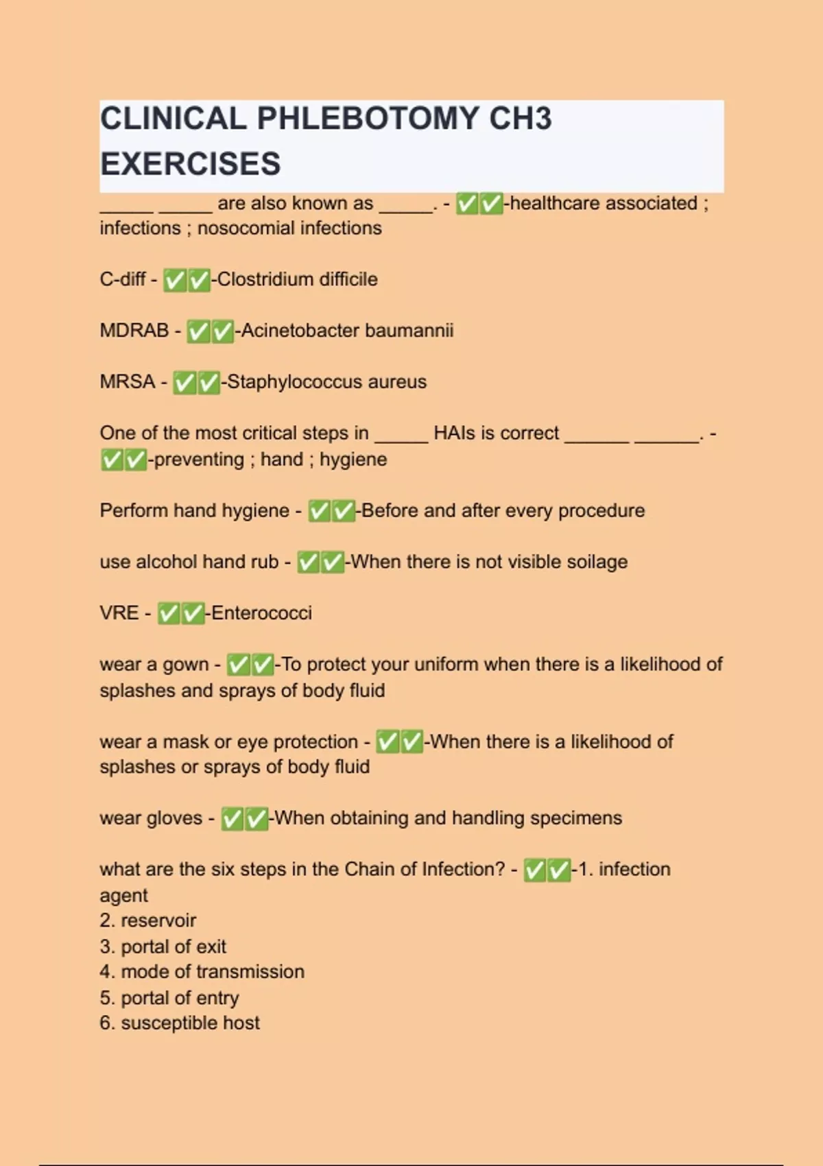 CLINICAL PHLEBOTOMY CH3 EXERCISES Questions with verified correct answers - complete solution ...