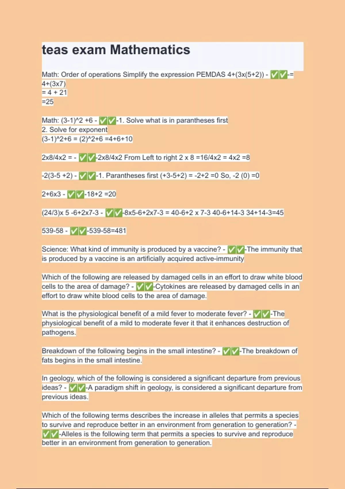 teas exam -Mathematics Questions with 100% correct answers verified ...