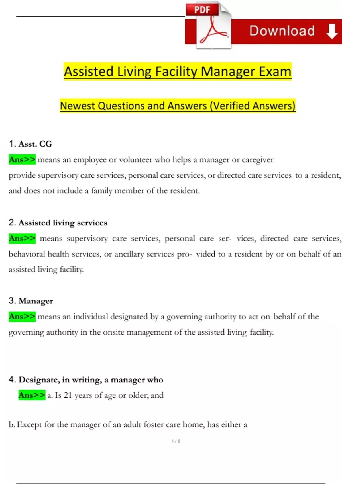Assisted Living Manager Exam 2025/2026 Expected Questions and Answers ...