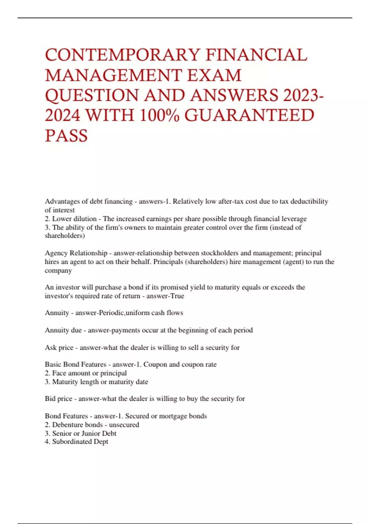 CONTEMPORARY FINANCIAL MANAGEMENT EXAM QUESTION AND ANSWERS WITH 100% ...