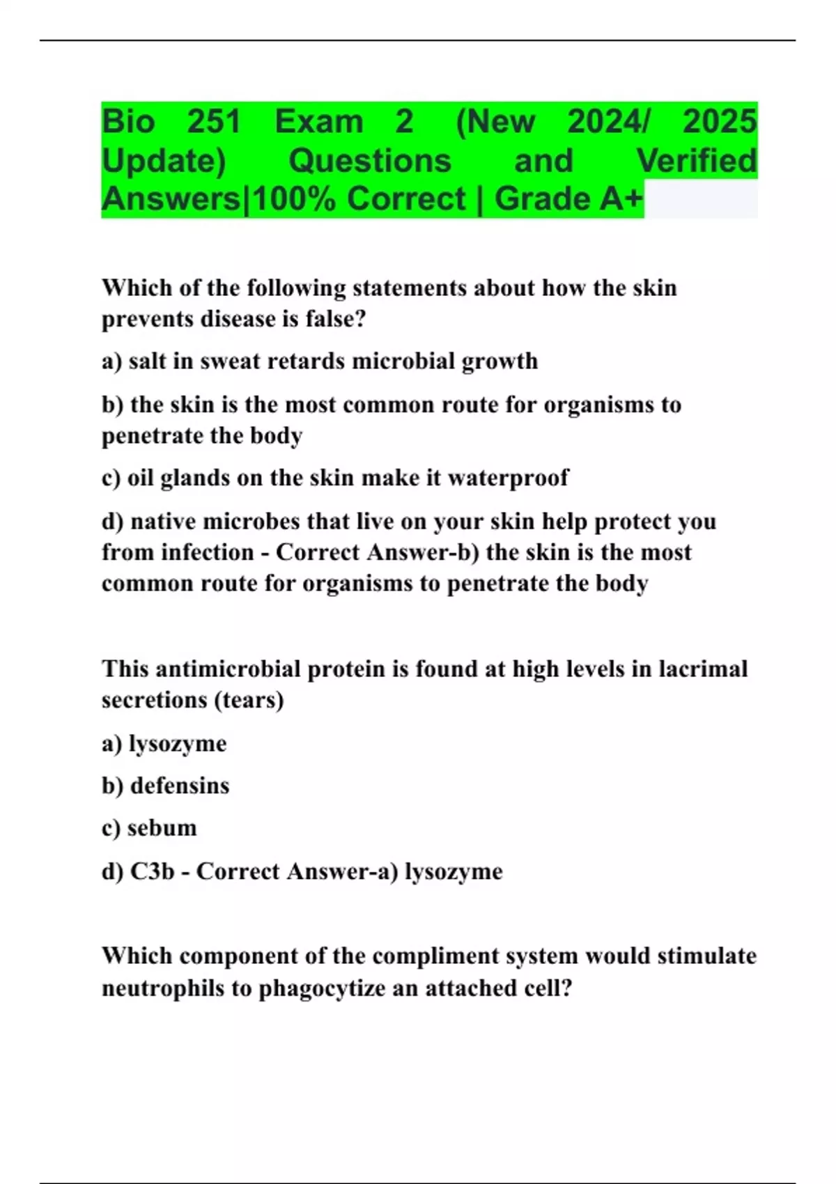 Bio 251 Exam 2 (New 2024/ 2025 Update) Questions and Verified Answers ...