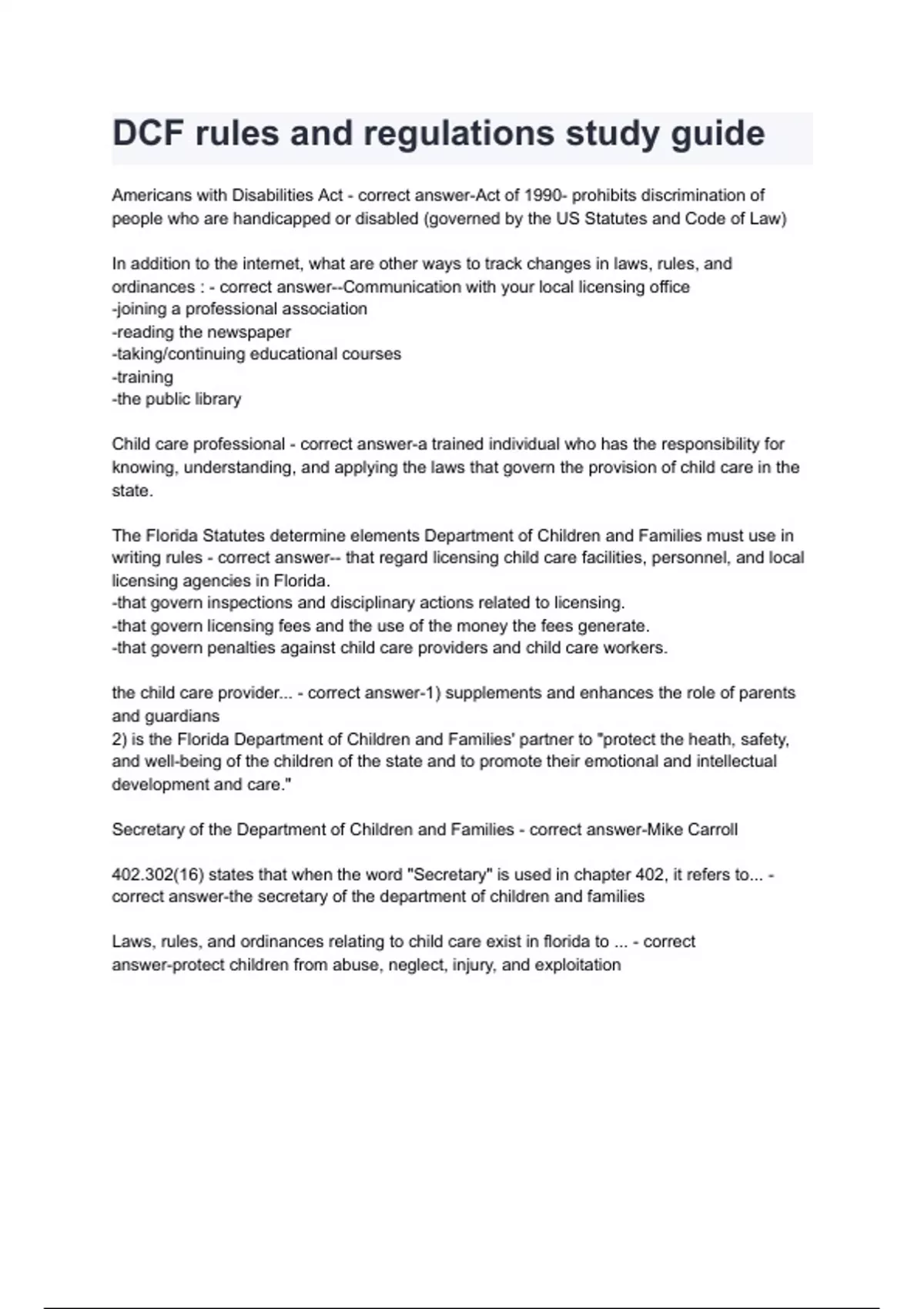 DCF rules and regulations study guide Questions with 100% verified ...