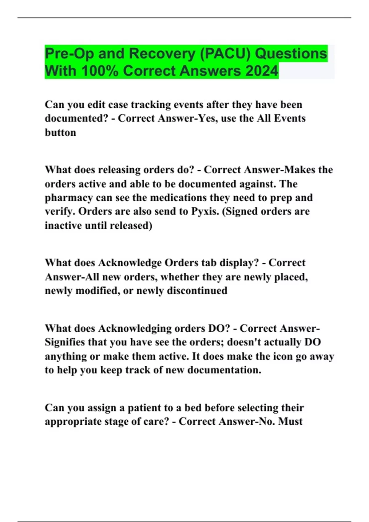 Pre-Op and Recovery (PACU) Questions With 100% Correct Answers 2024 ...