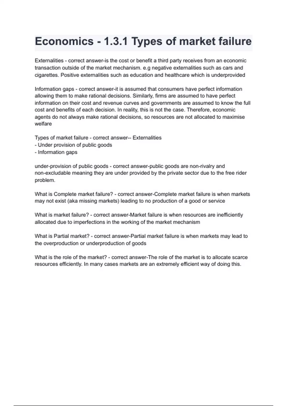 Economics - 1.3.1 Types of market failure Questions with 100% Actual ...