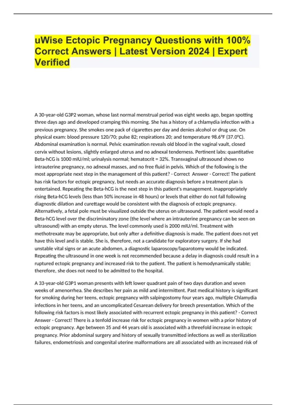 uWise Ectopic Pregnancy Questions with 100% Correct Answers Latest ...