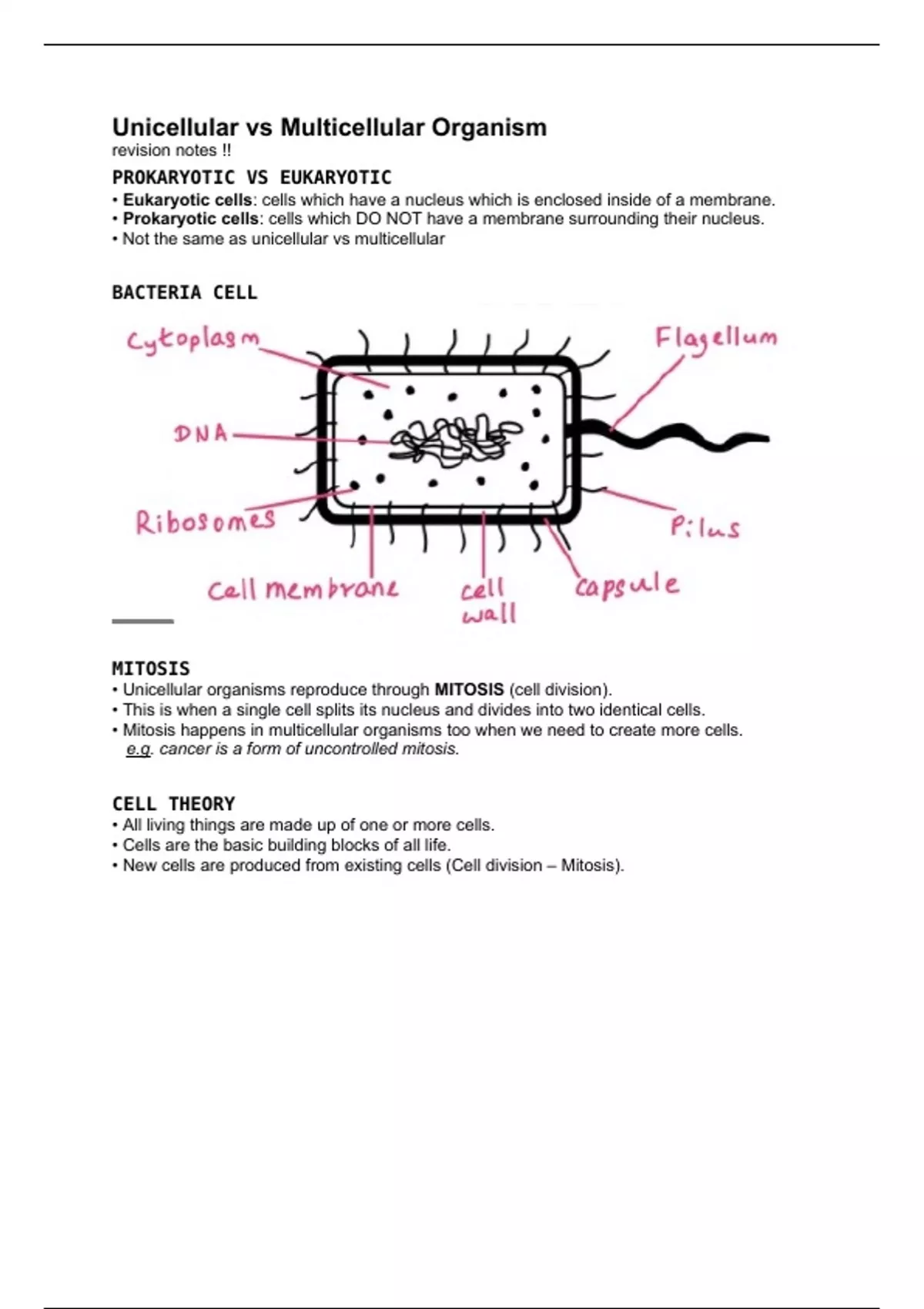 Year 9 Unicellular vs Multicellular Organism Class Notes - Science ...