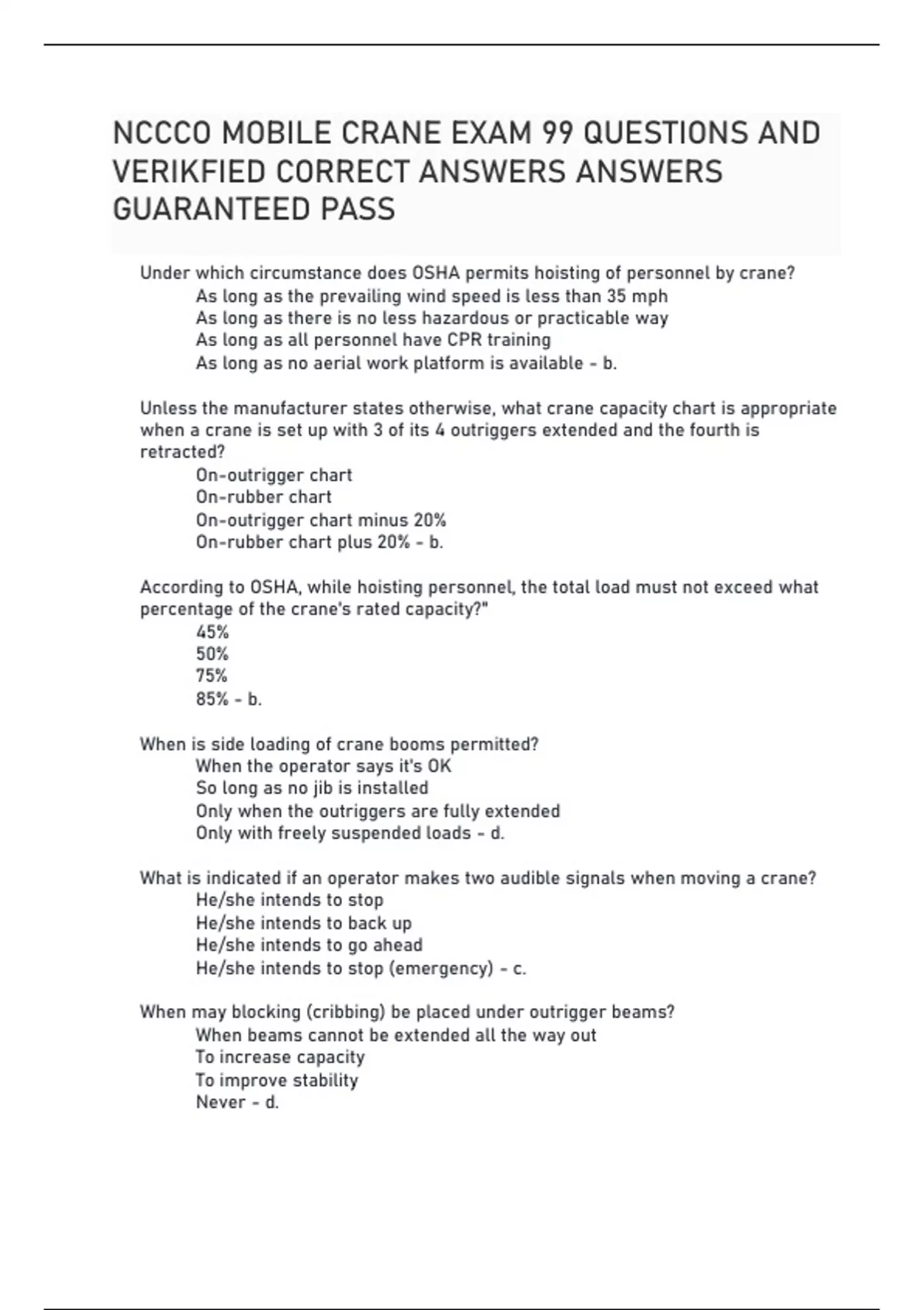 NCCCO MOBILE CRANE 2025 (CRANE PRACTICE TESTS) WITH COMPLETE SOLUTIONS ...