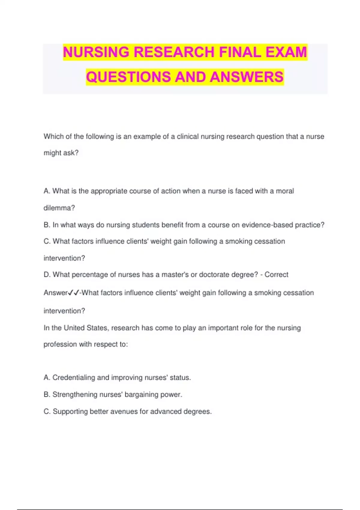 NURSING RESEARCH FINAL EXAM QUESTIONS AND ANSWERS - Nursing research ...