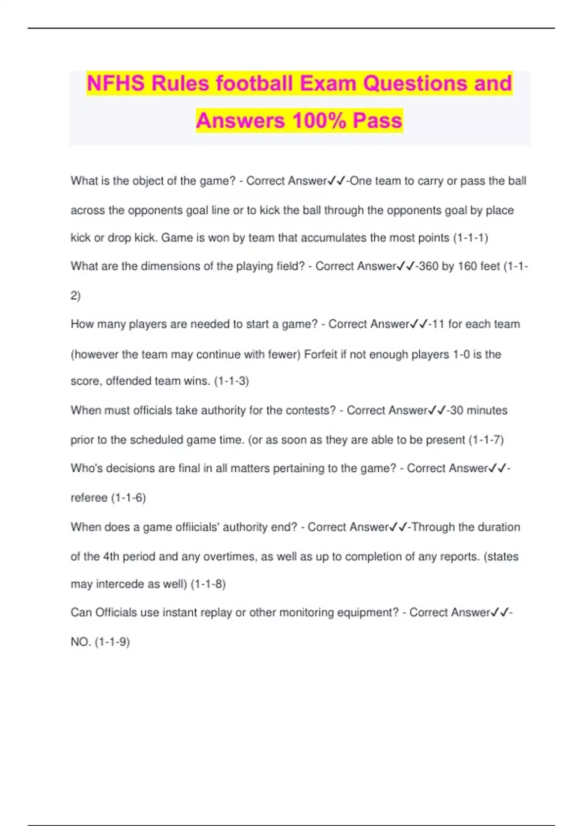 NFHS Rules football Exam Questions and Answers 100% Pass - Nfhs - Stuvia US