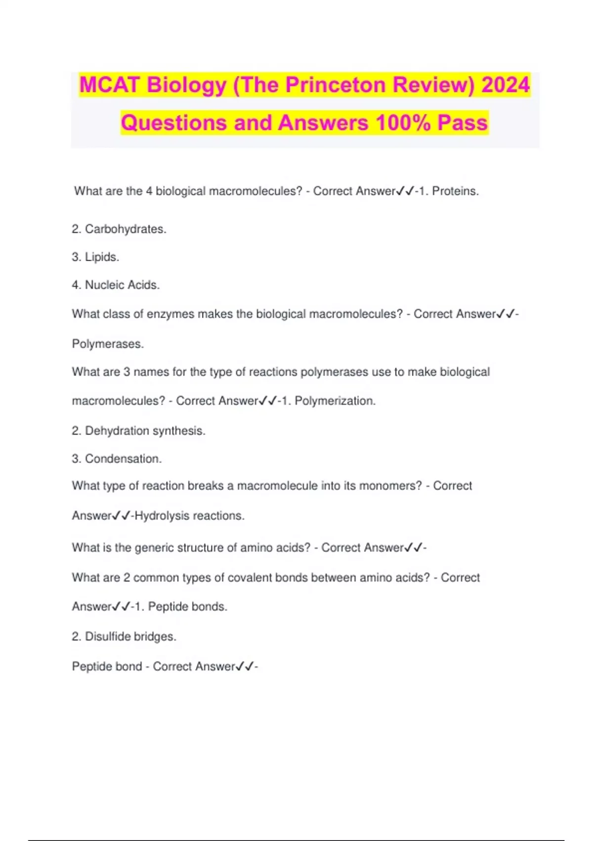 MCAT Biology (The Princeton Review) 2024 Questions and Answers 100% ...
