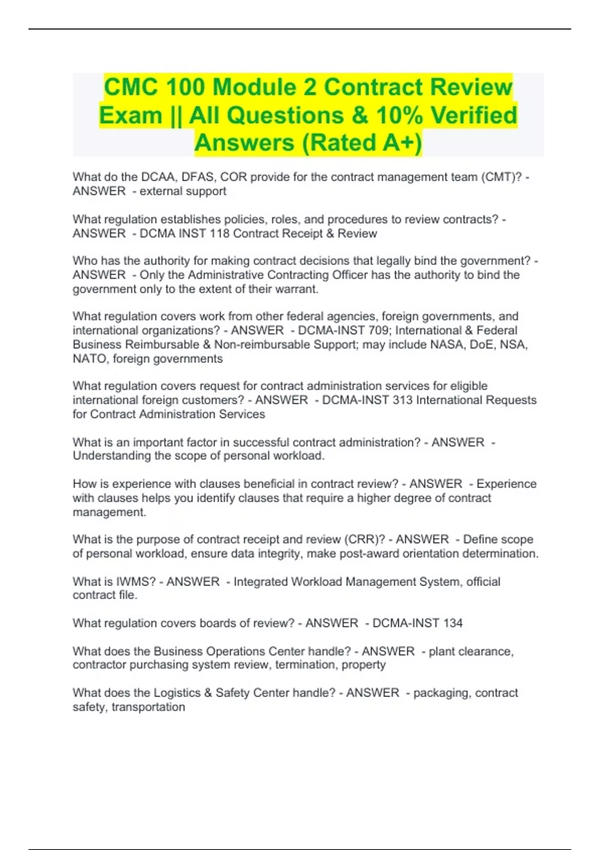 CMC 100 Module 2 Contract Review Exam || All Questions & 10% Verified ...