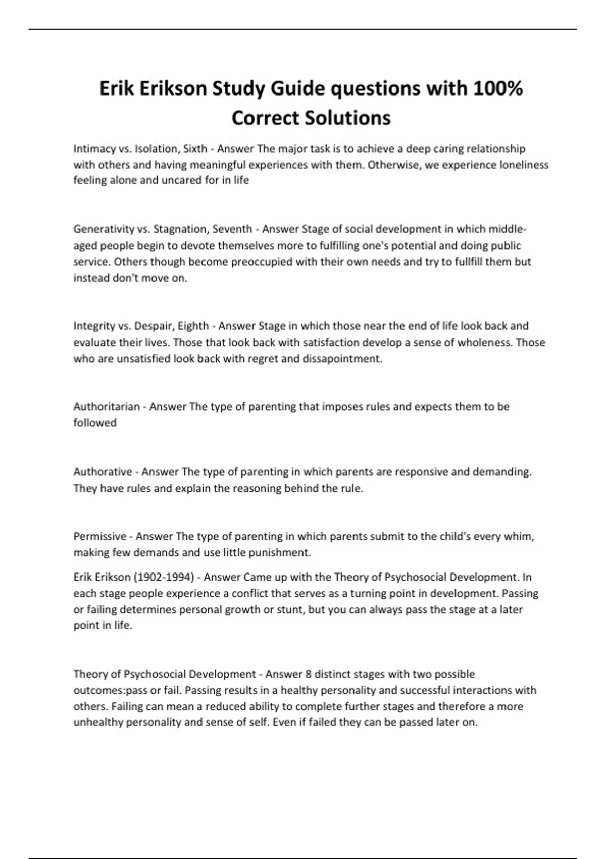 Erik Erikson Study Guide questions with 100% Correct Solutions - Erik Erikson - Stuvia US