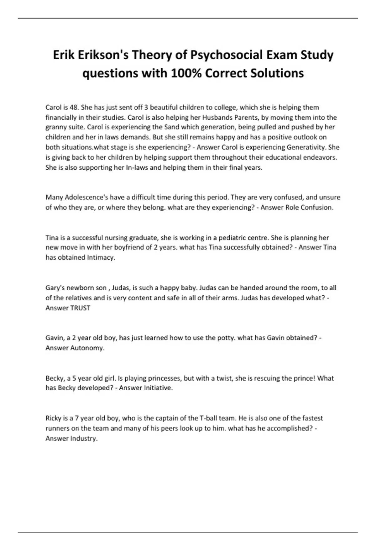 Erik Erikson's Theory of Psychosocial Exam Study questions with 100% ...