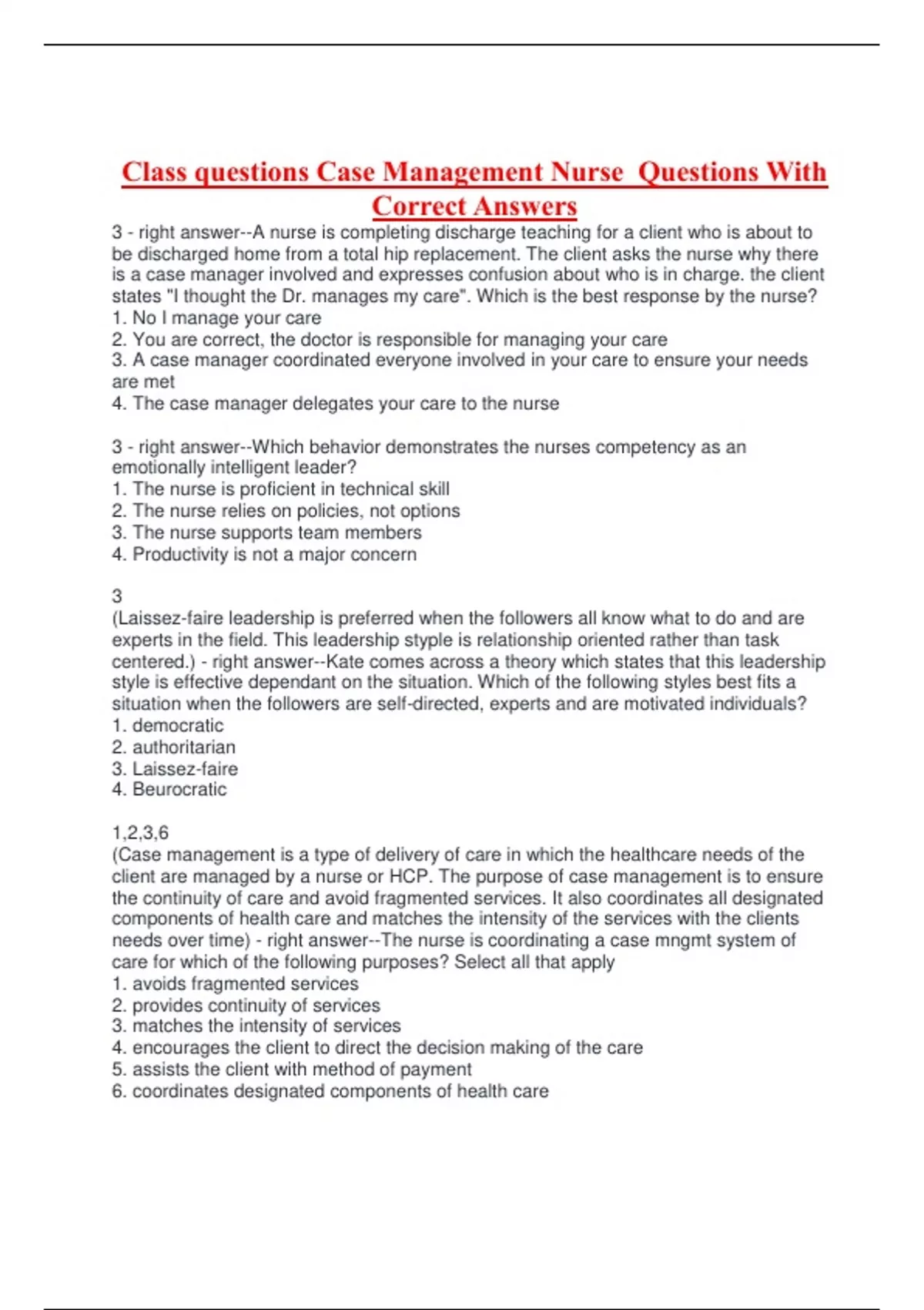 Class questions Case Management Nurse Questions With Correct Answers - Class Case Management ...