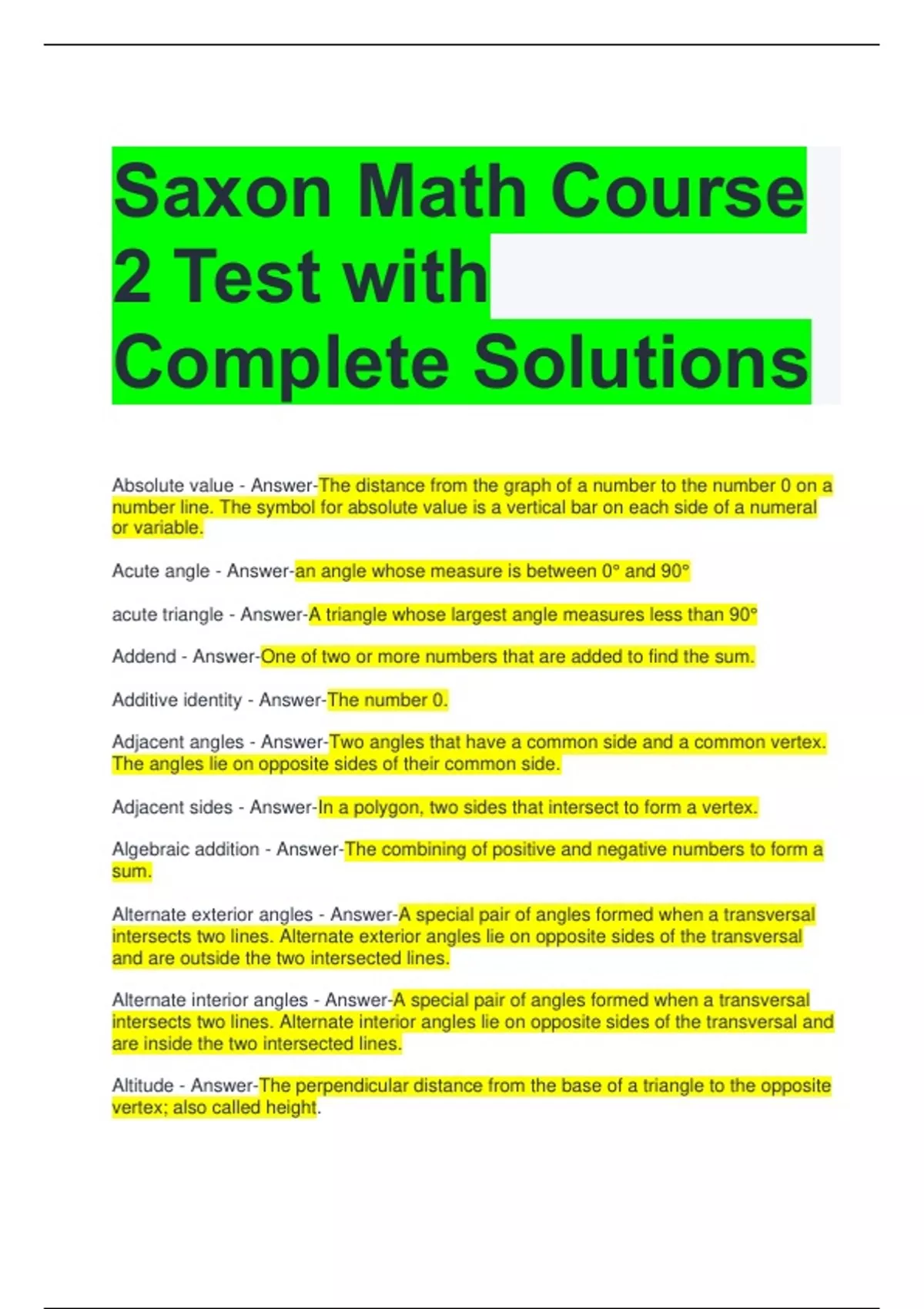 Saxon Math Course 2 Test with Complete Solutions - Saxon Math - Stuvia US