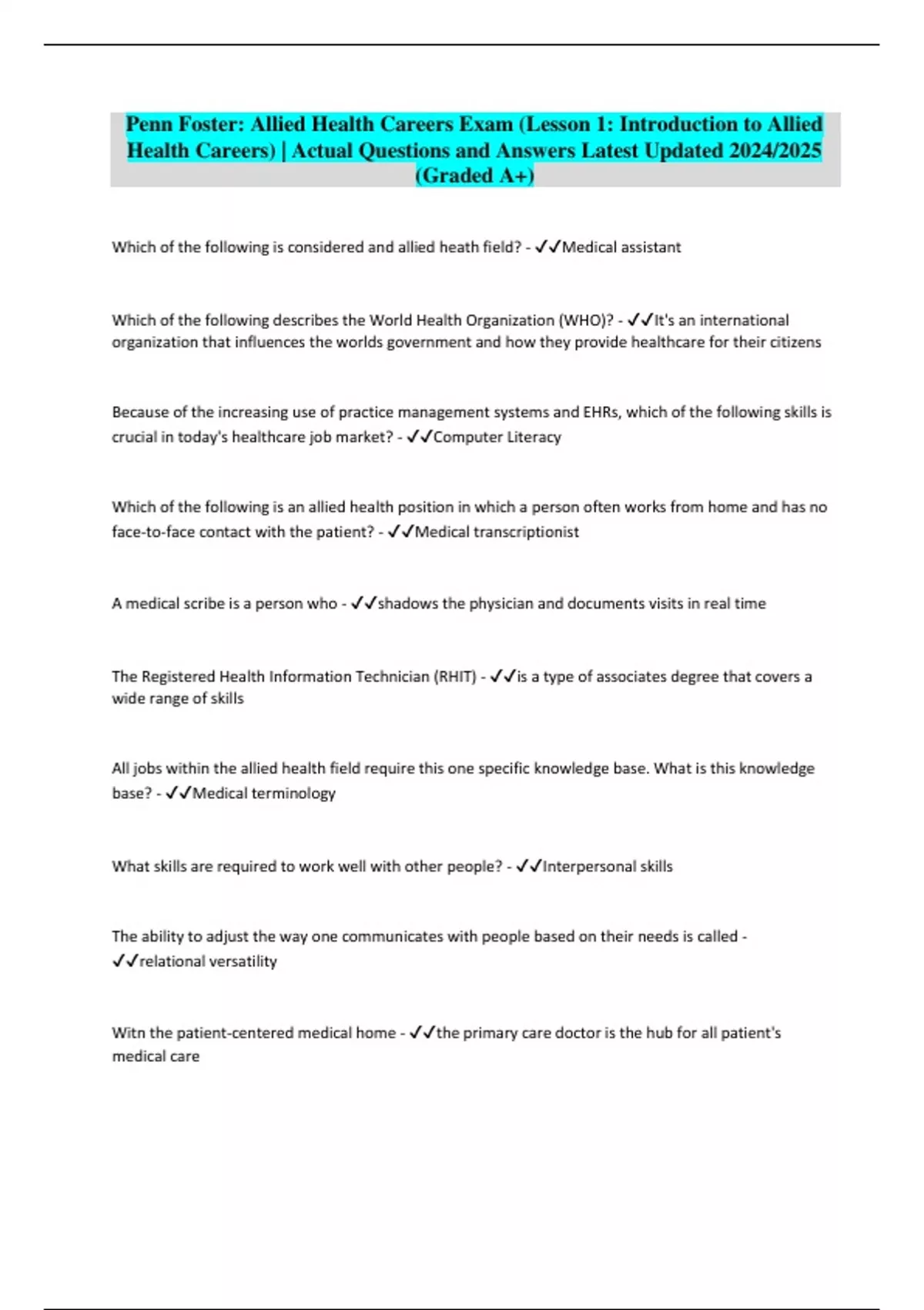 Penn Foster: Allied Health Careers Exam (Lesson 1: Introduction to ...