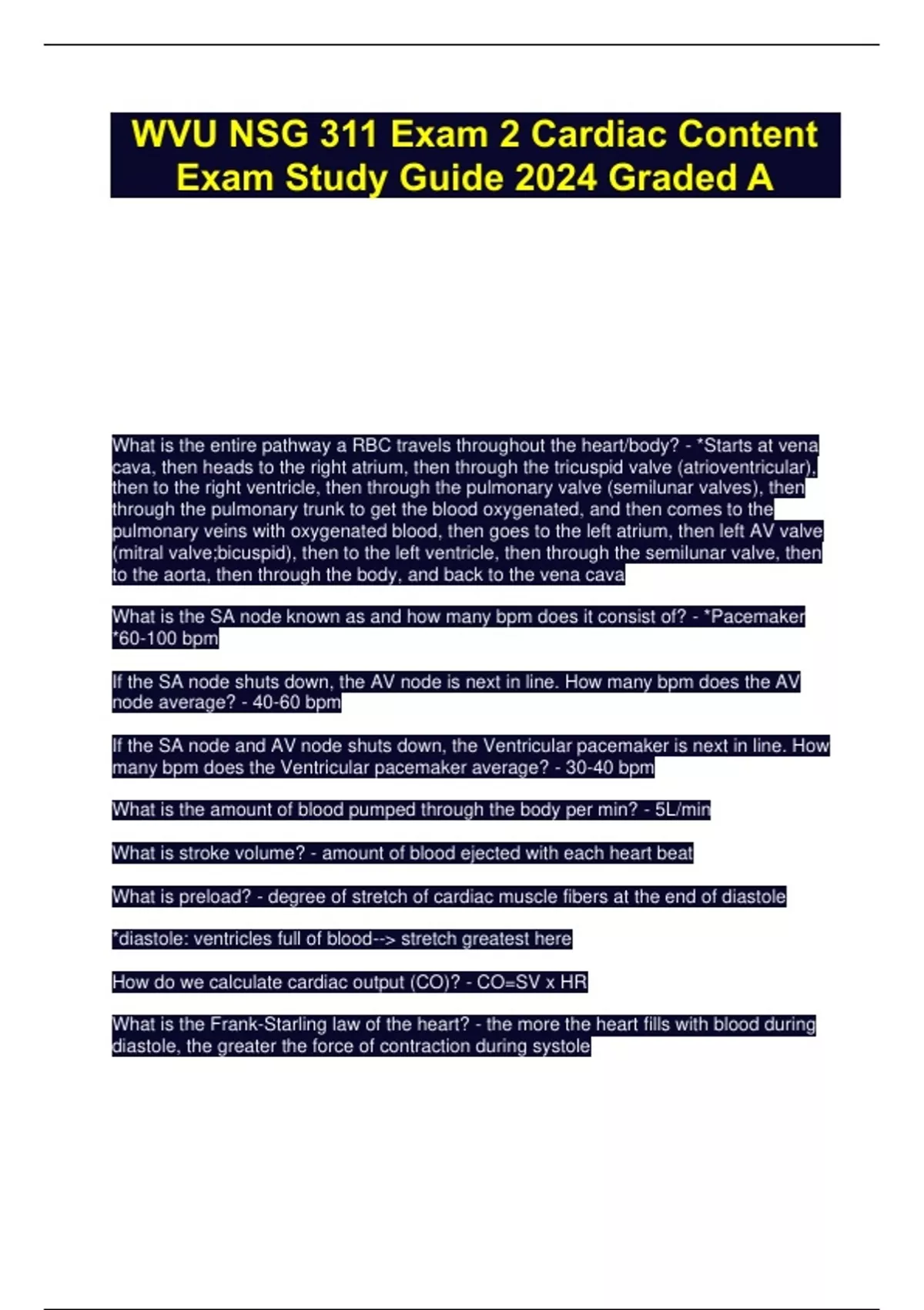 WVU NSG 311 Exam 2 Cardiac Content Exam Study Guide 2024 Graded A - WVU ...