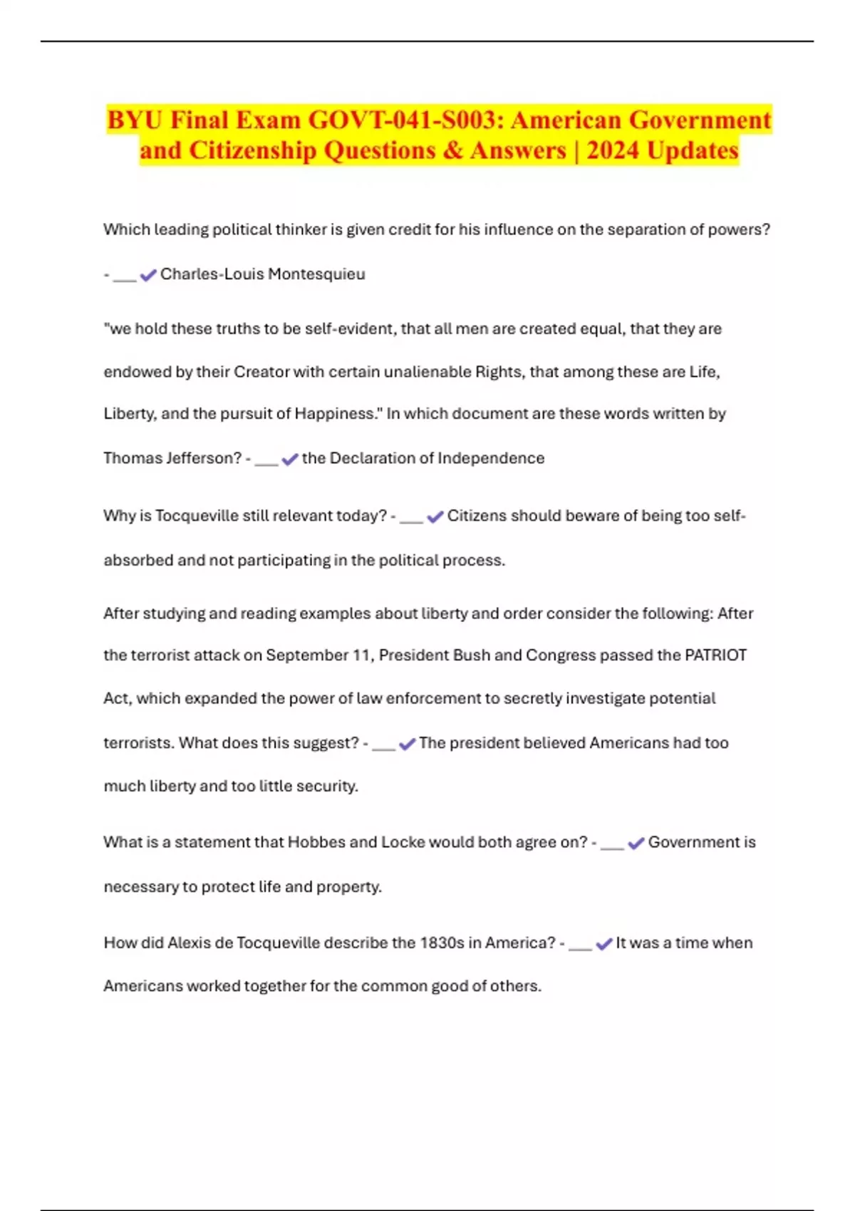 BYU Final Exam GOVT-041-S003: American Government and Citizenship ...