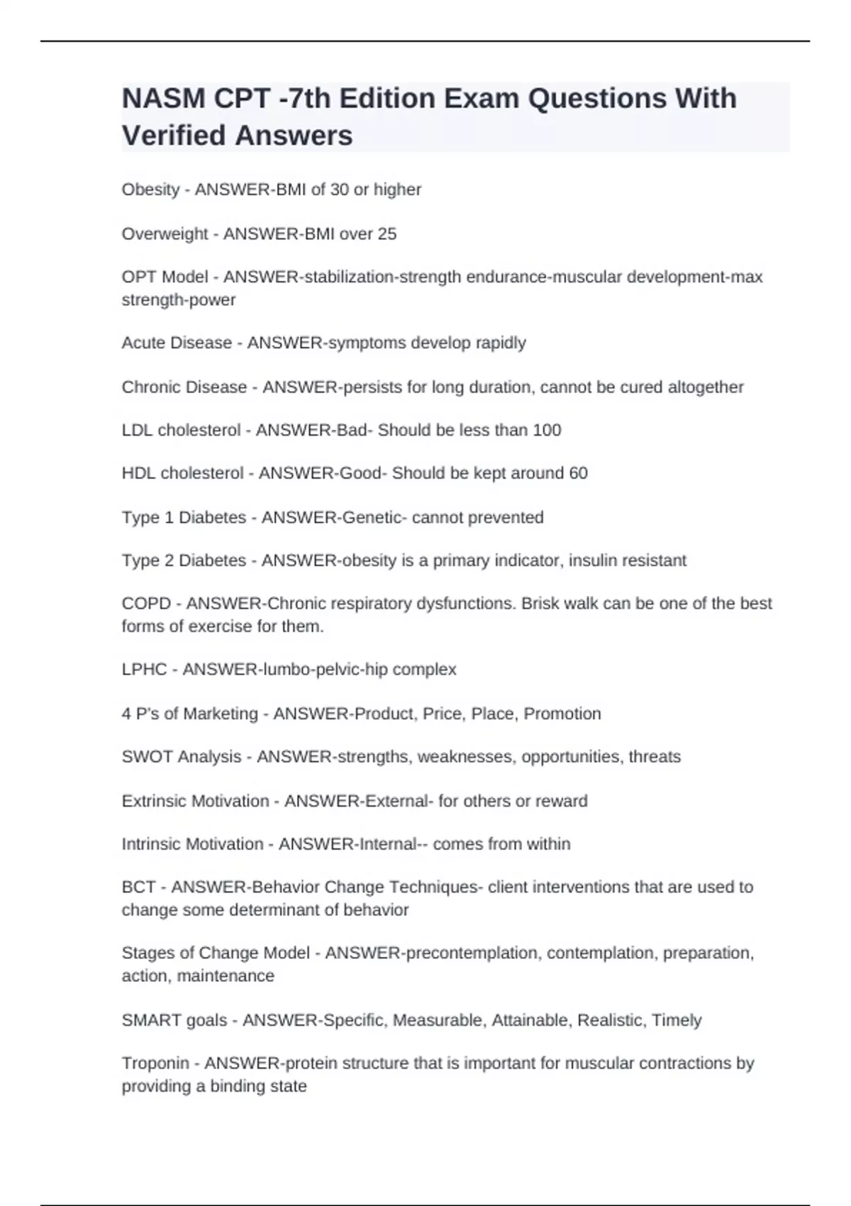 NASM CPT -7th Edition Exam Questions With Verified Answers - NASM CPT -7th Edition - Stuvia US