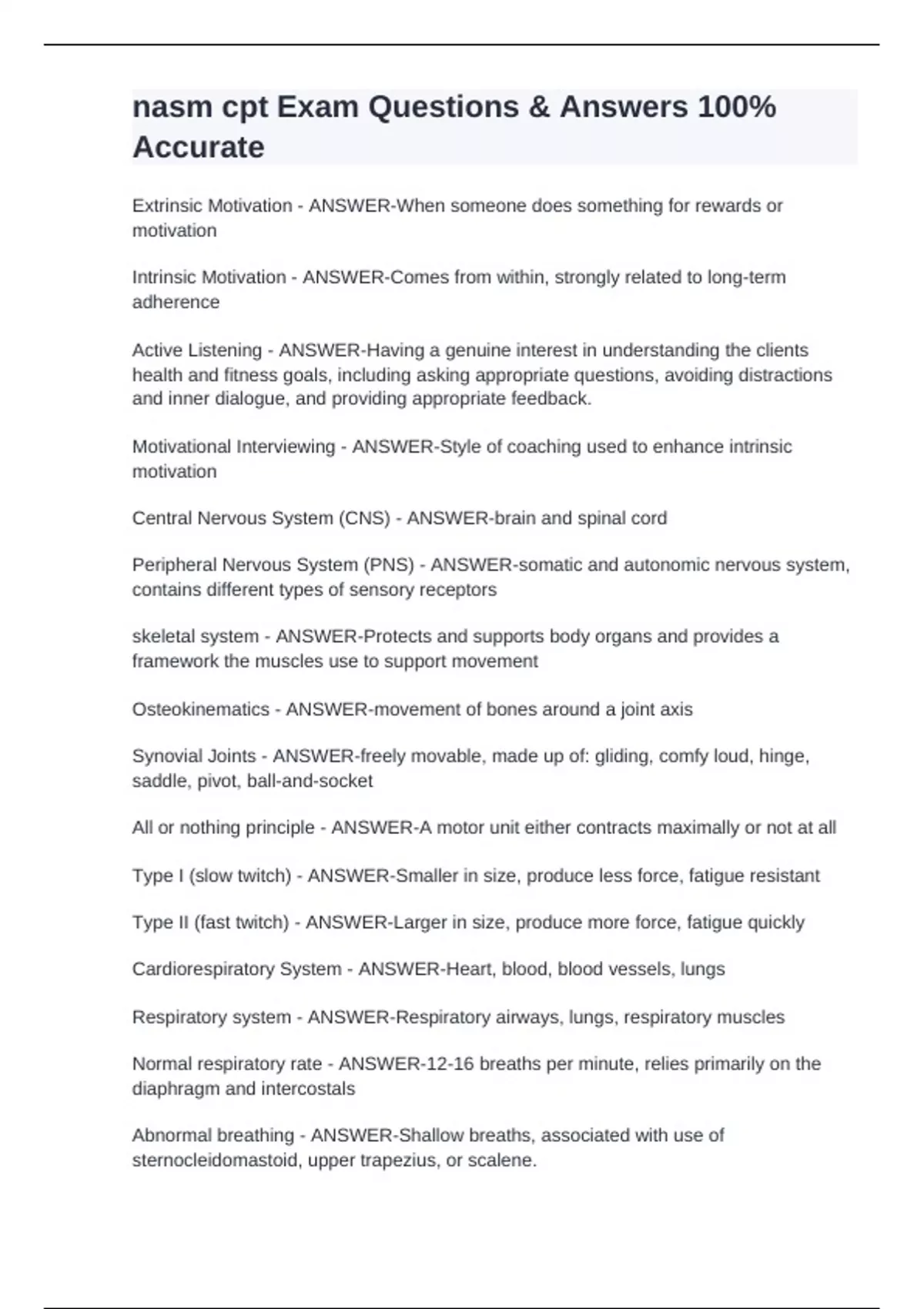 Nasm Cpt Exam Questions And Answers 100 Accurate Nasm Cpt Stuvia Us