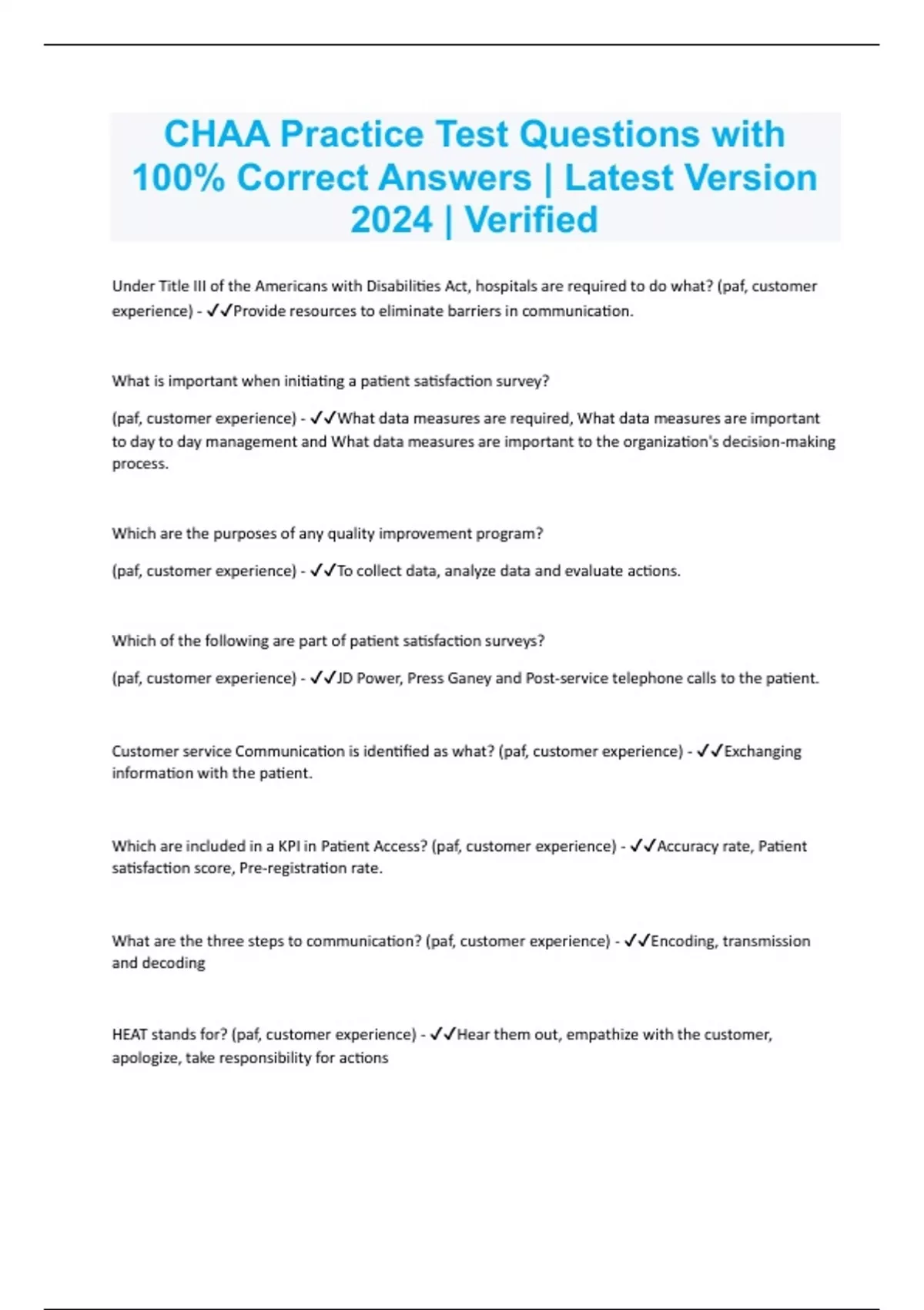 CHAA Practice Test Questions with 100% Correct Answers Latest Version ...