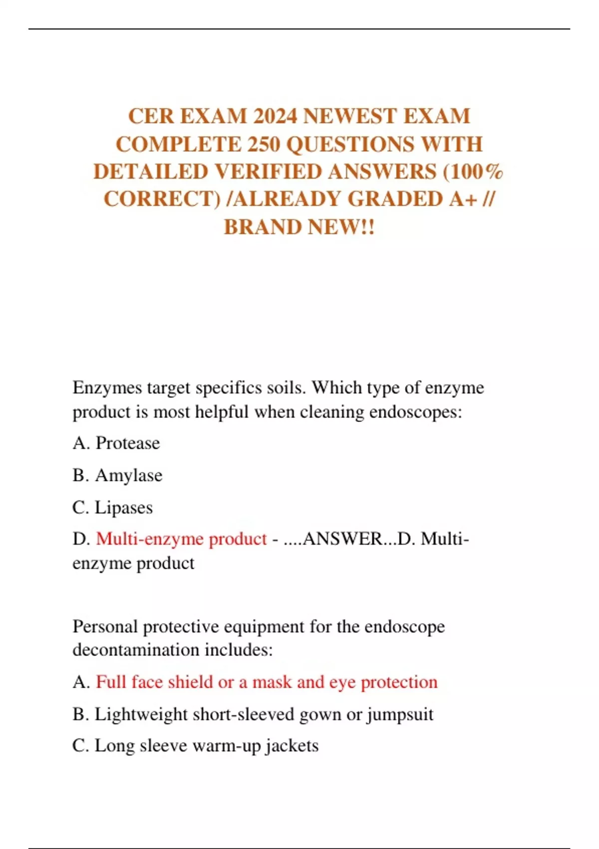 CER EXAM 2024 NEWEST EXAM COMPLETE 250 QUESTIONS WITH DETAILED VERIFIED ANSWERS (100% CORRECT ...
