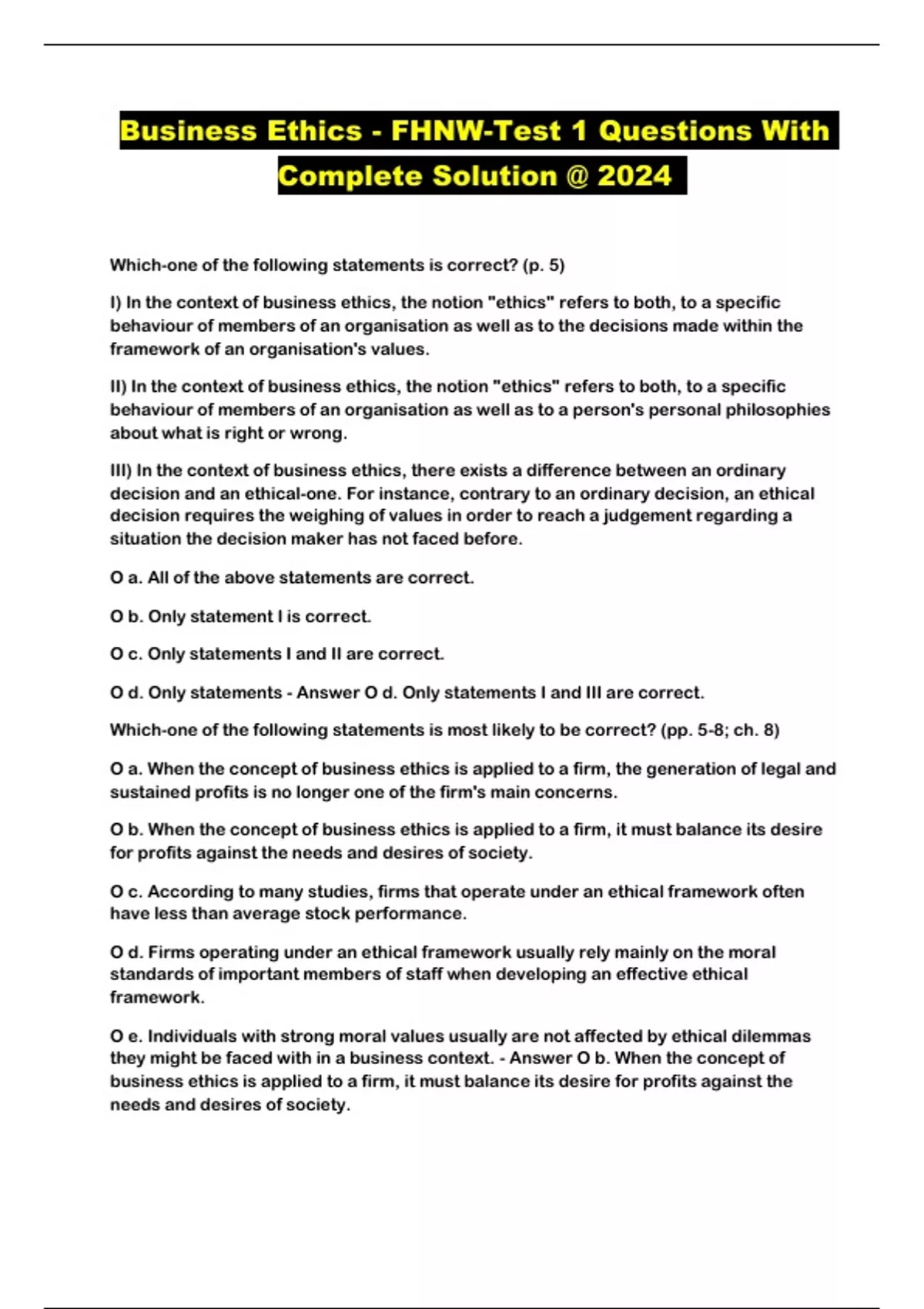 Business Ethics - FHNW-Test 1 Questions With Complete Solution @ 2024 ...