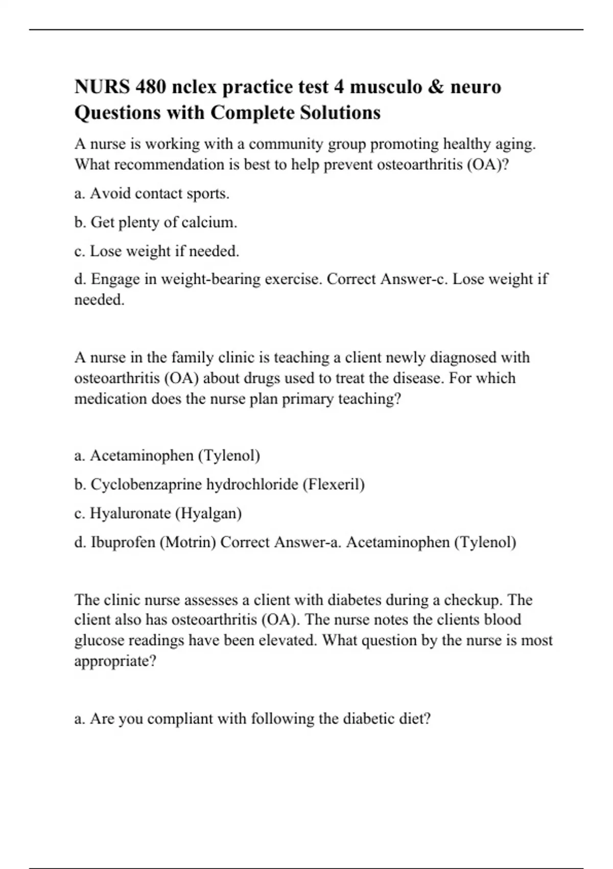NURS 480 nclex practice test 4 musculo & neuro Questions with Complete ...
