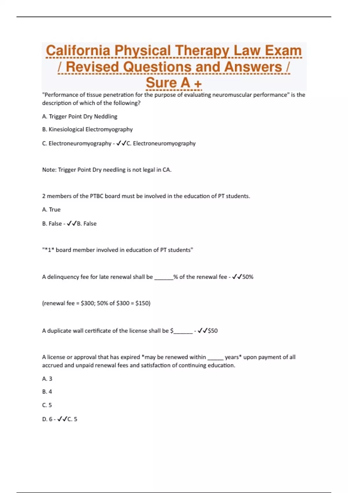 California Physical Therapy Law Exam / Revised Questions and Answers ...