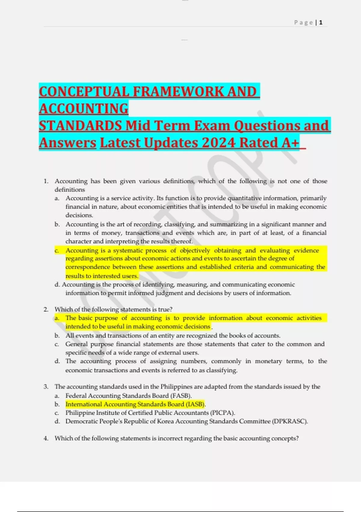 CONCEPTUAL FRAMEWORK AND ACCOUNTING STANDARDS Mid Term Exam Questions ...