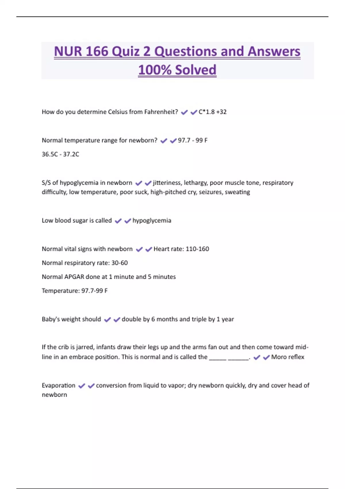 NUR 166 Quiz 2 Questions and Answers 100% Solved - NUR 166 - Stuvia US