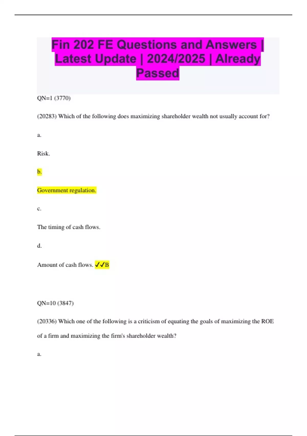 FIN 202 Bundled Exams Questions and Answers Multiple Versions (2024/2025) (Complete, Accurate ...