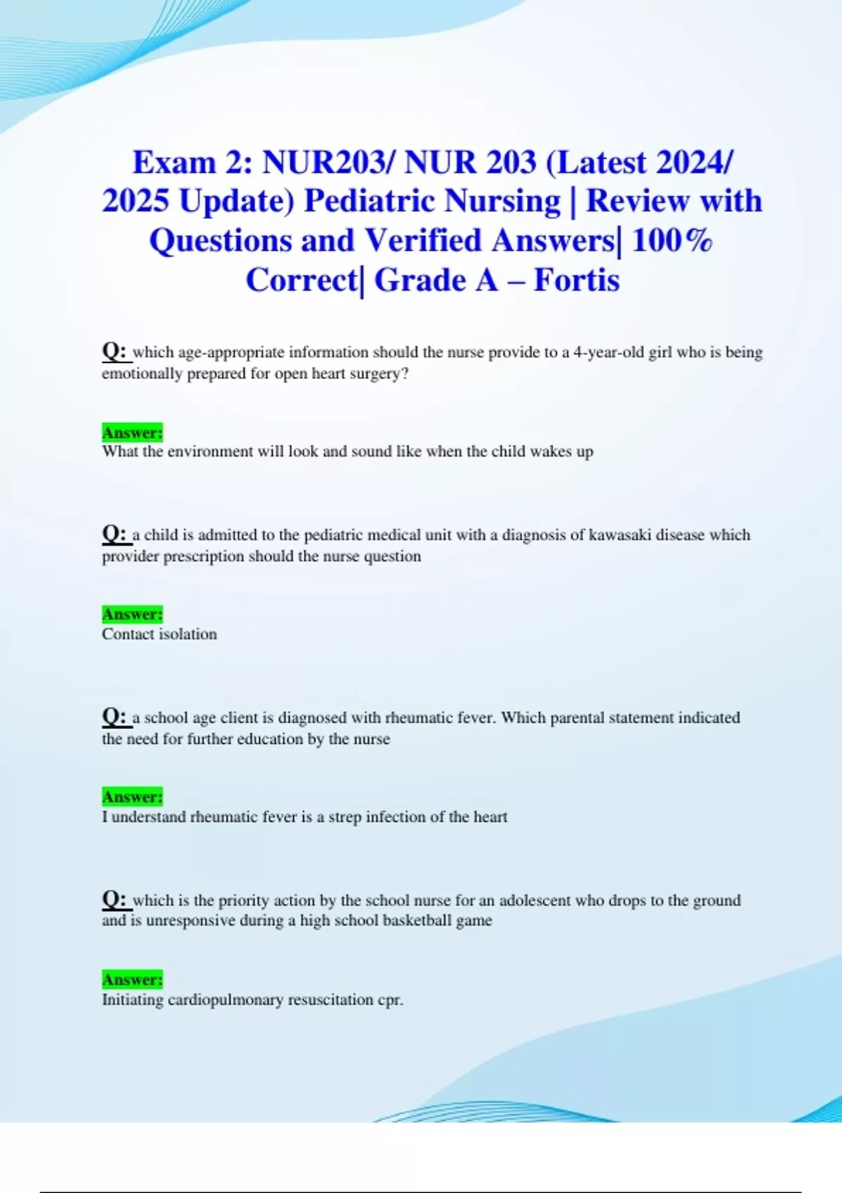 Exam 2 Nur203 Nur 203 Latest 2024 2025 Update Pediatric Nursing Review With Questions And