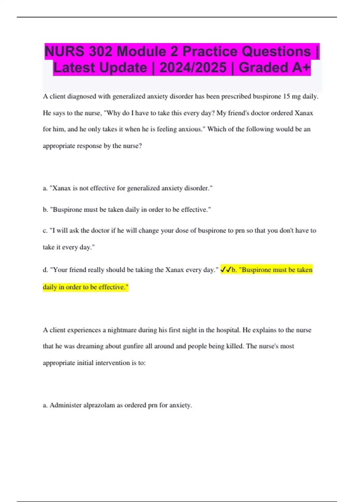 Nurs 302 Module 2 Practice Questions Latest Update 2024 2025