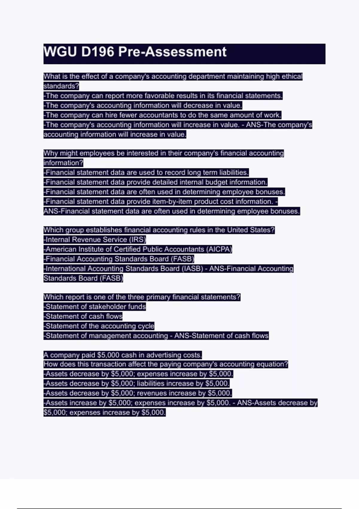 WGU D196 Pre-Assessment Questions with 100% correct answers | verified ...