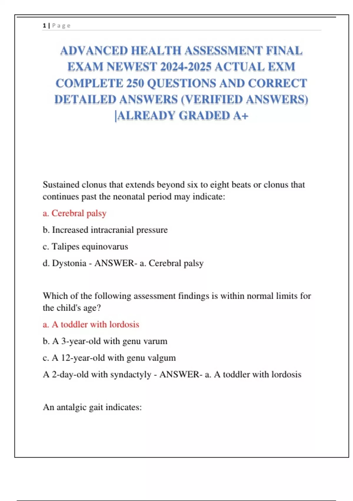 ADVANCED HEALTH ASSESSMENT FINAL EXAM NEWEST ACTUAL EXM COMPLETE 250 ...