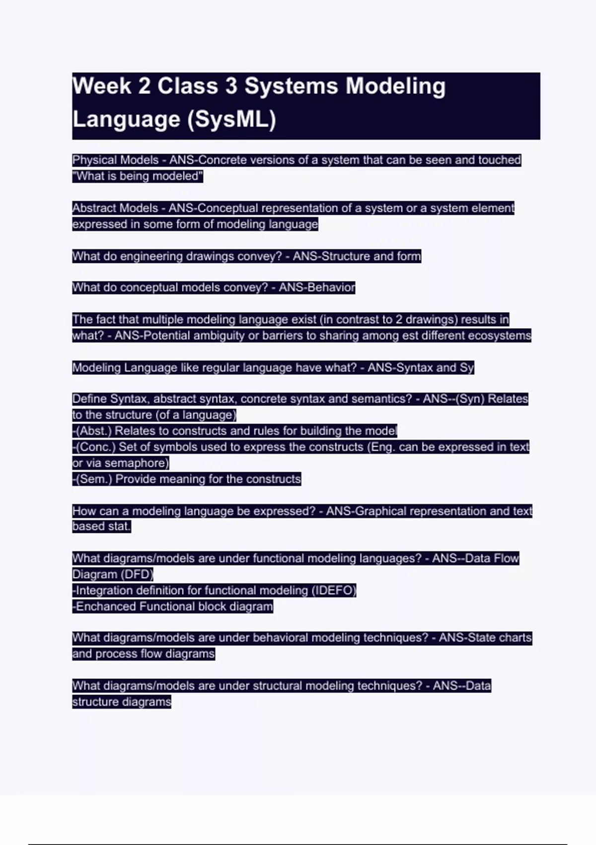 Week 2 Class 3 Systems Modeling Language (SysML) Questions with 100% correct answers | verified ...