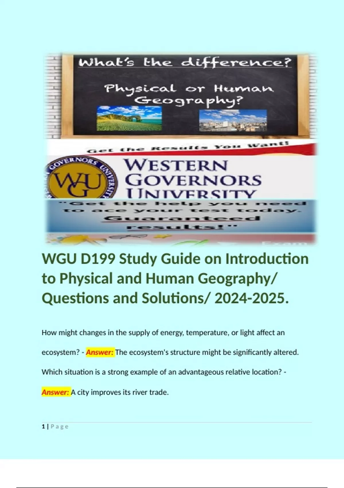 WGU D199 Study Guide on Introduction to Physical and Human Geography ...