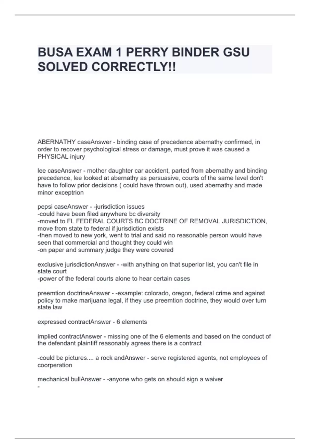 BUSA EXAM 1 PERRY BINDER GSU SOLVED CORRECTLY!! - PERRY BINDER - Stuvia US