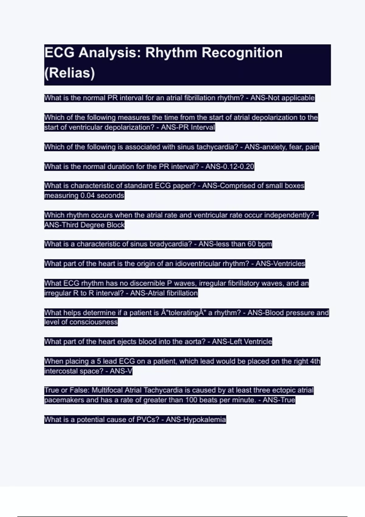 ECG Analysis Rhythm Recognition (Relias) Questions with Explanations of Answers - 2024- 2025 ...