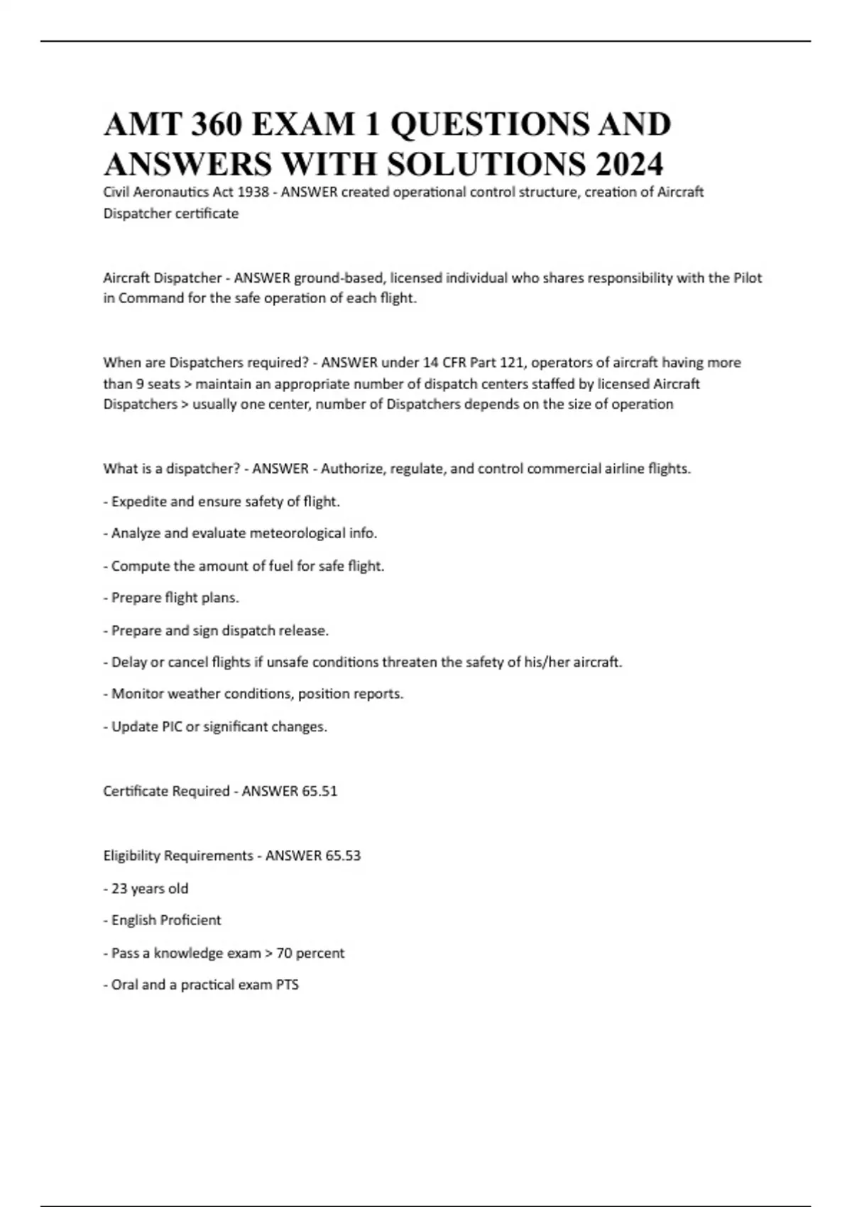 AMT 360 EXAM 1 QUESTIONS AND ANSWERS WITH SOLUTIONS 2024 - AMT - Stuvia US