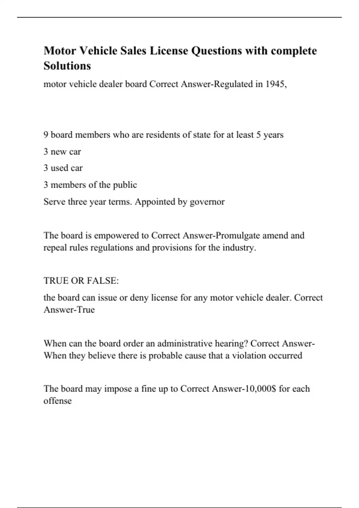 Motor Vehicle Sales License Questions with complete Solutions - Motor ...