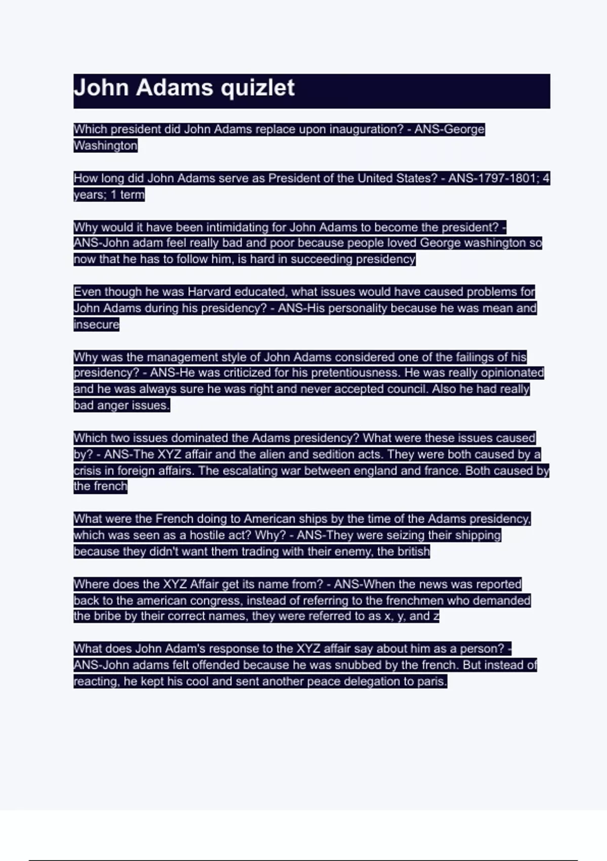 John Adams Questions with Explanations of Answers | latest upate 2024 ...