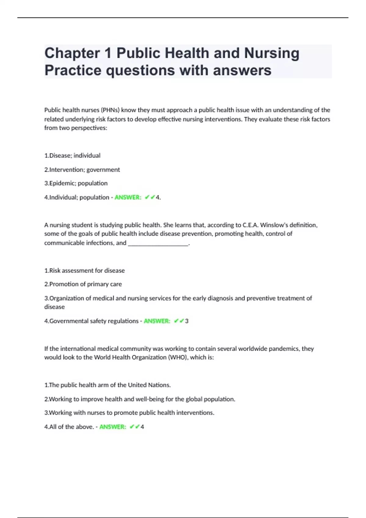 Chapter 1 Public Health and Nursing Practice questions with answers ...