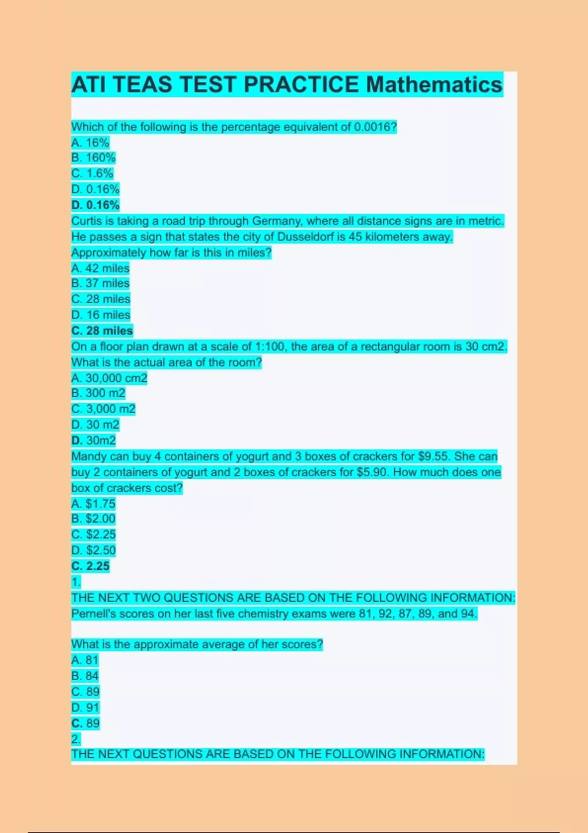 ATI TEAS PRACTICE TEST Science Questions with 100% correct answers ...