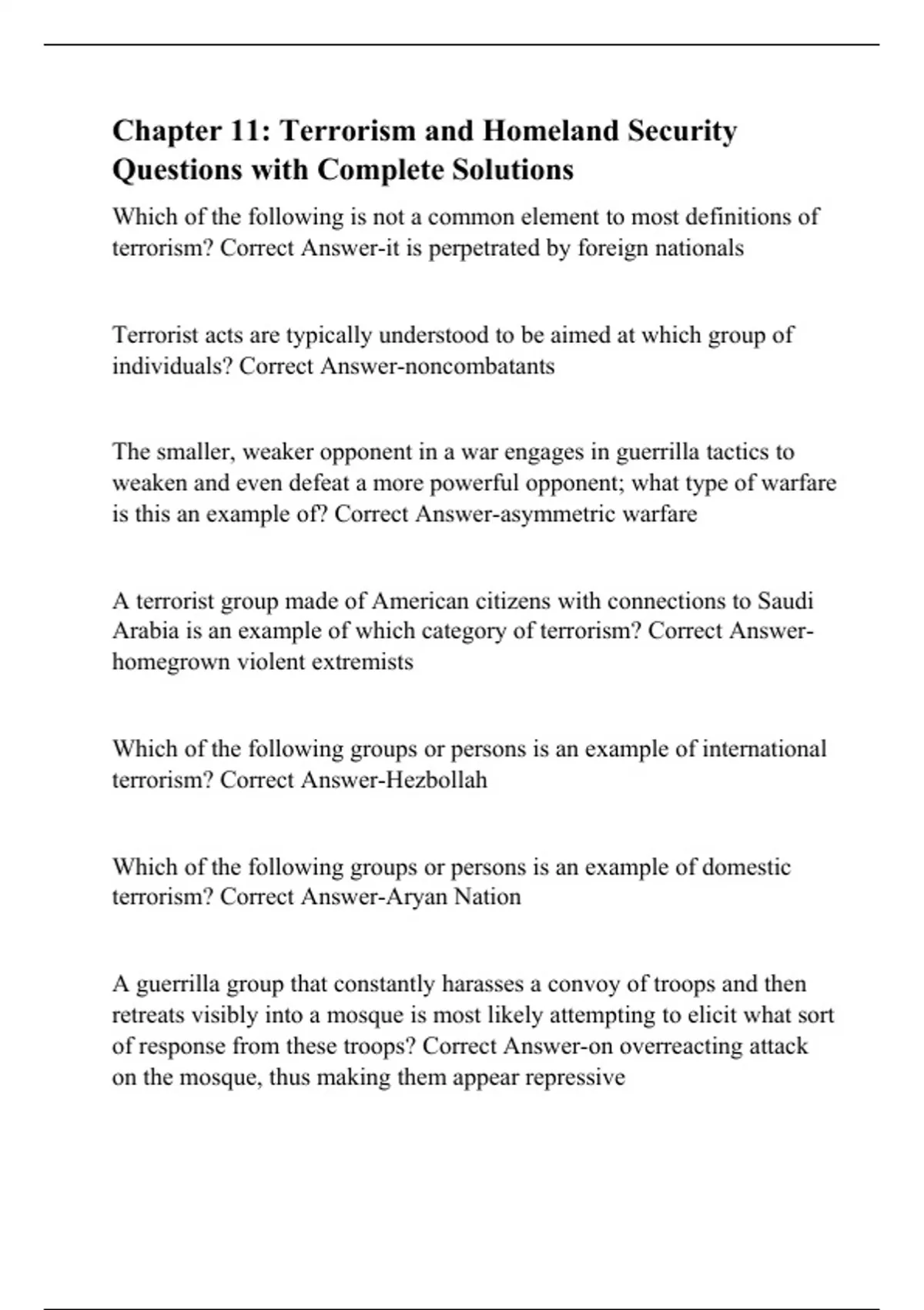 Chapter 11: Terrorism and Homeland Security Questions with Complete ...