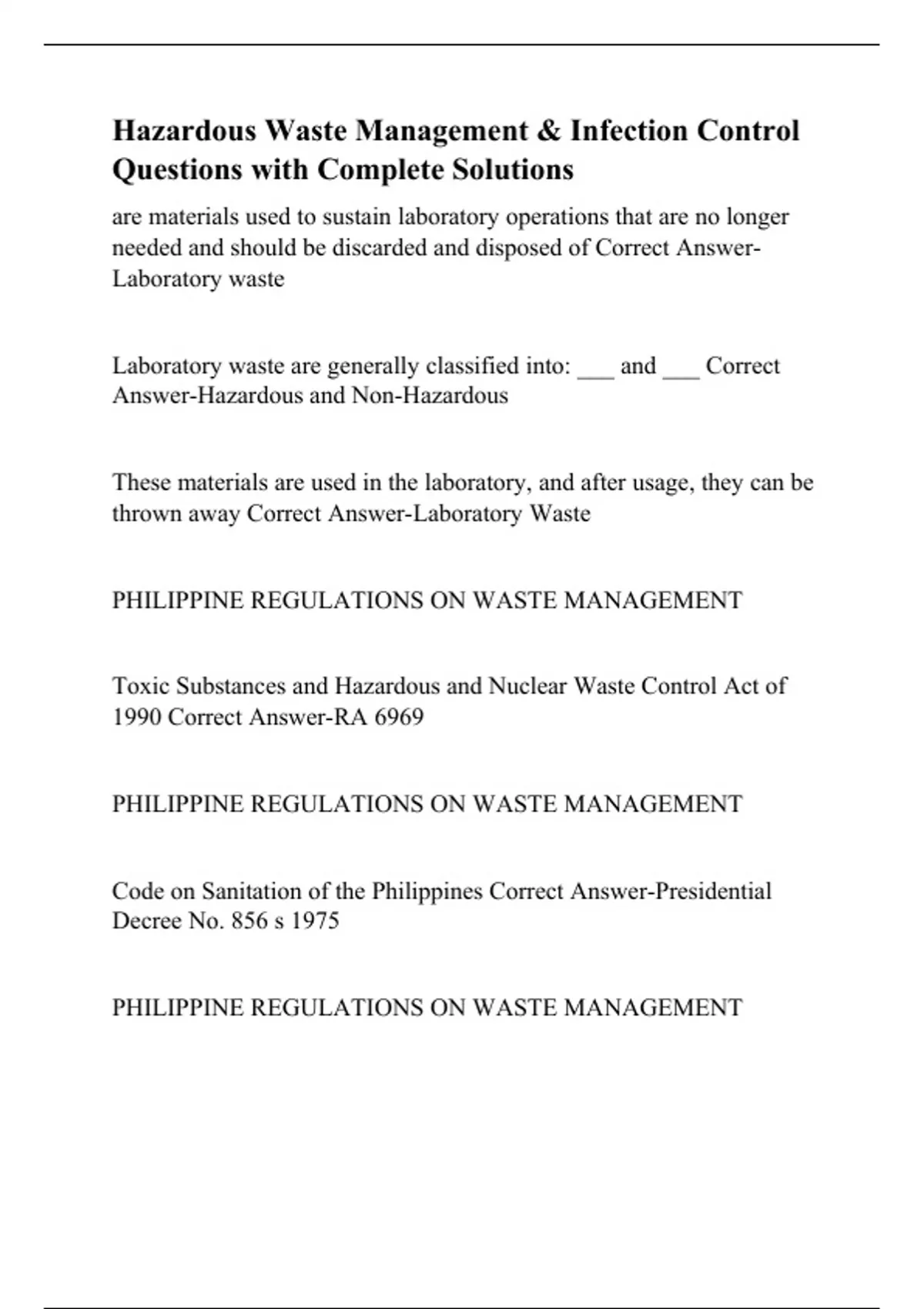 Hazardous Waste Management & Infection Control Questions with Complete ...