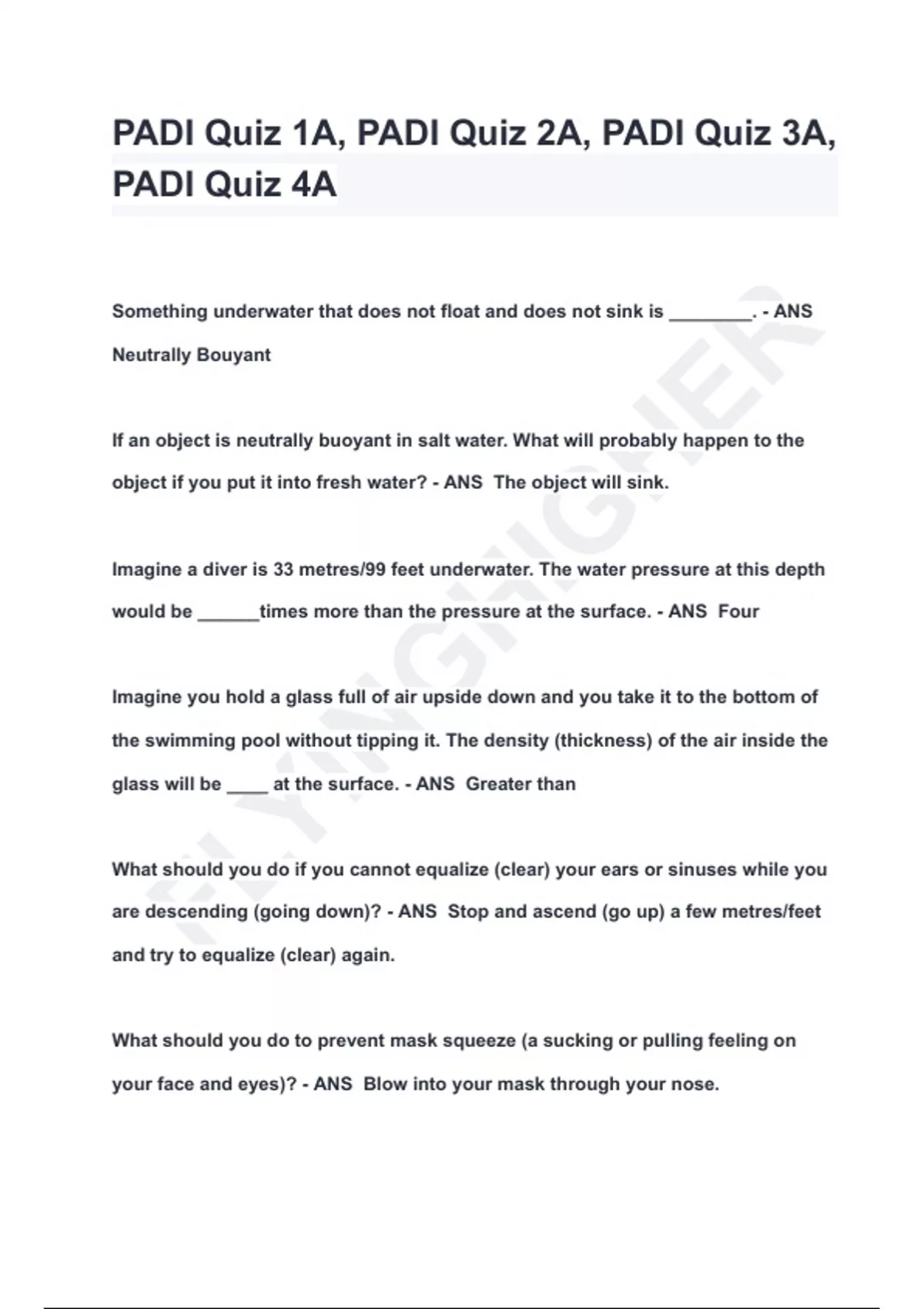 PADI Quiz 1A, PADI Quiz 2A, PADI Quiz 3A, PADI Quiz 4A ( BUNDLED ...