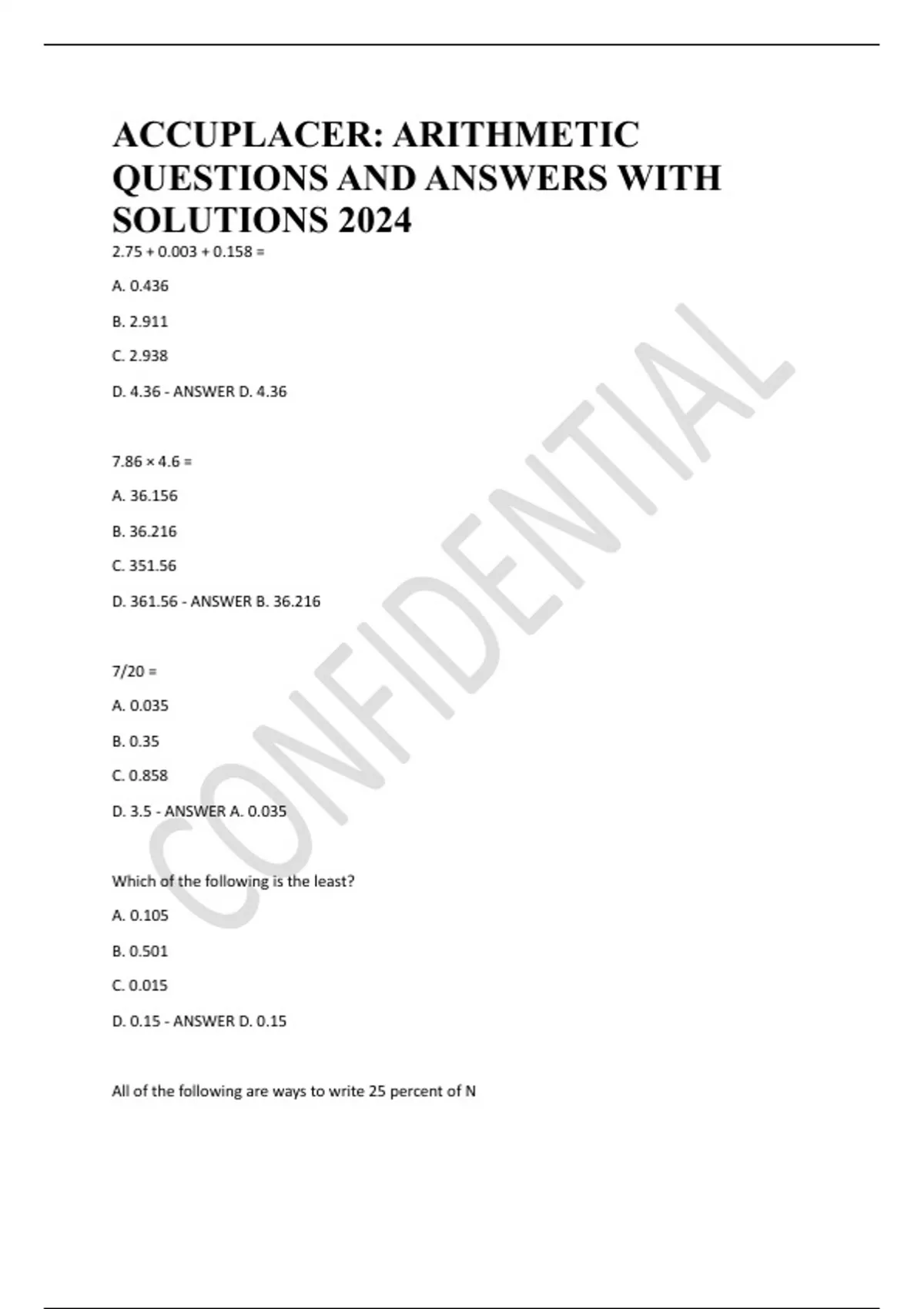 ACCUPLACER: ARITHMETIC QUESTIONS AND ANSWERS WITH SOLUTIONS 2024 ...
